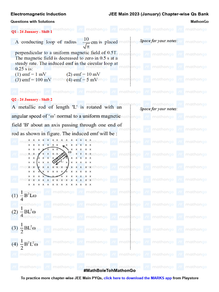 Electromagnetic Induction - JEE Main 2023 January Chapter Wise Questions by MathonGo | PDF