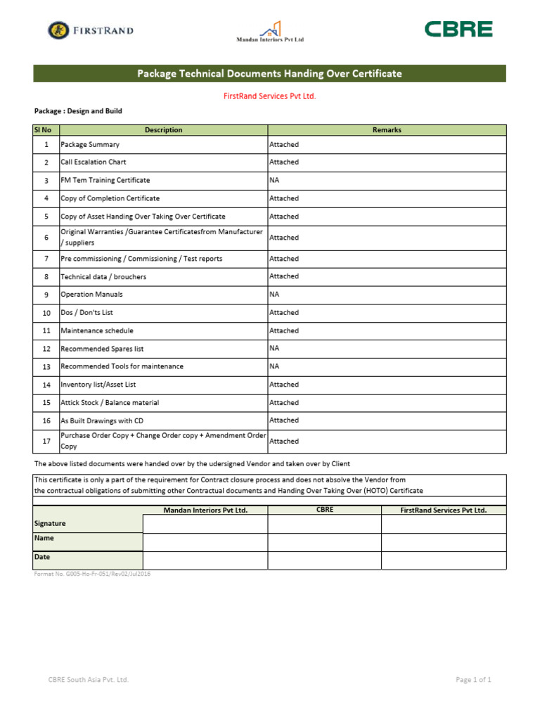 Package Technical Documents Handing Over Certificate: Package: Design ...