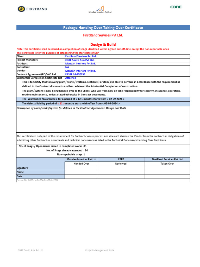 Package Handing Over Taking Over Certificate: Design & Build | PDF