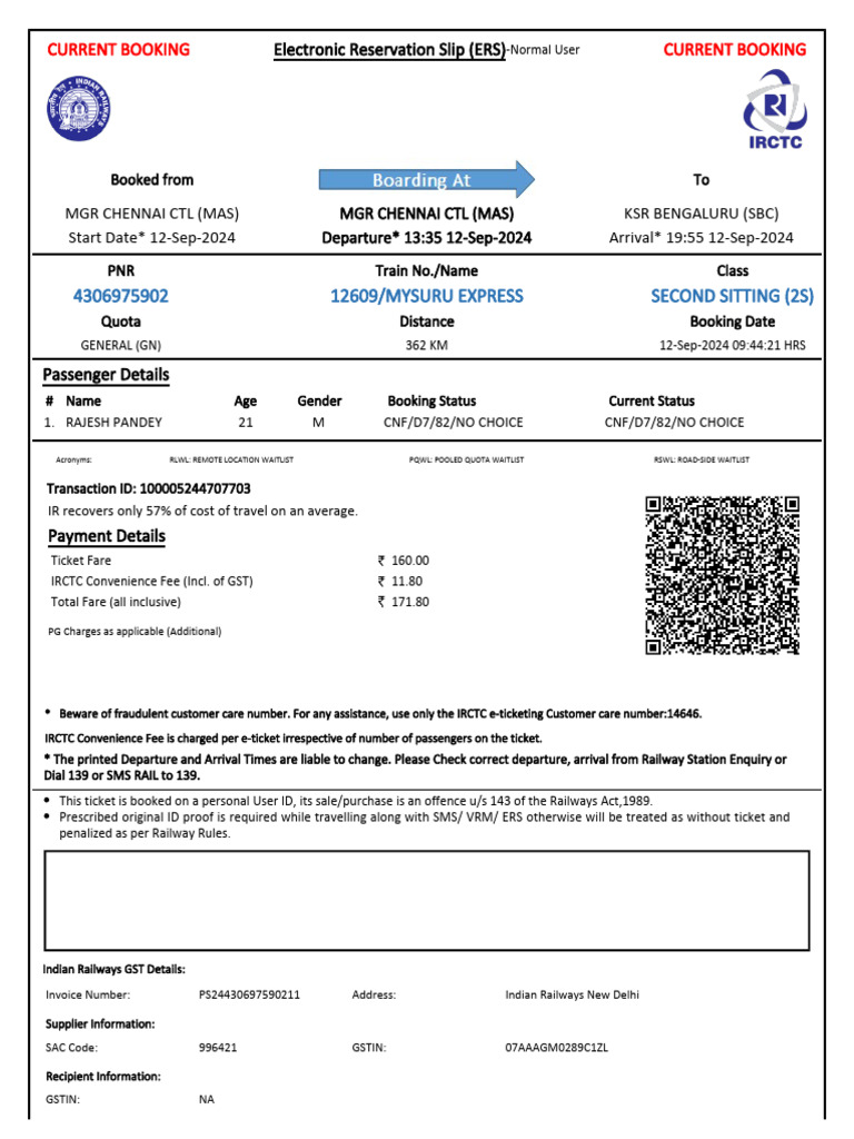 12609/mysuru Express Second Sitting (2S) | PDF
