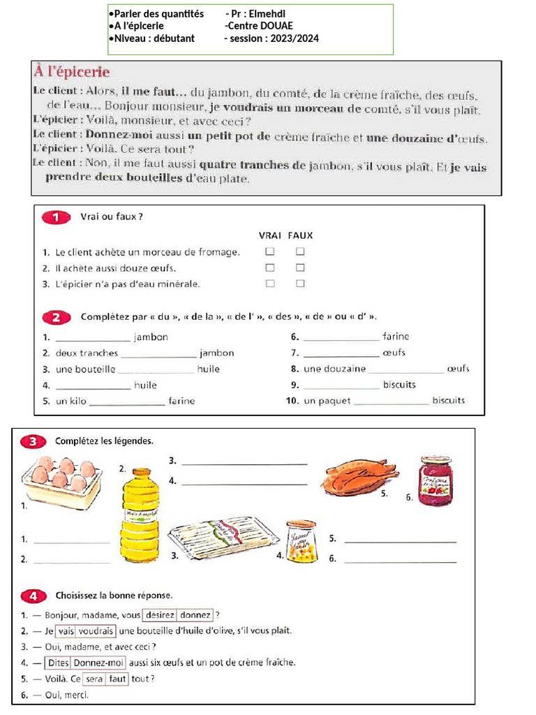 Exercice À L'épicerie Niveau A1 | PDF