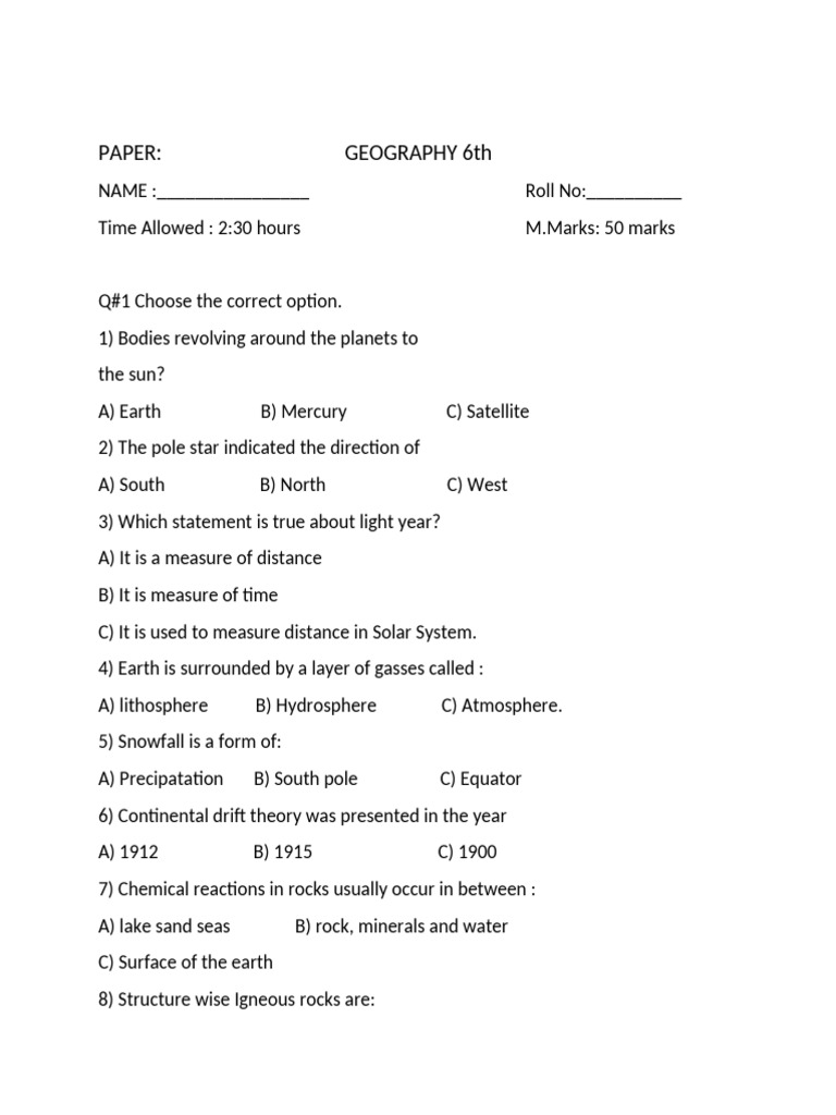Geography 6th Class Paper | PDF