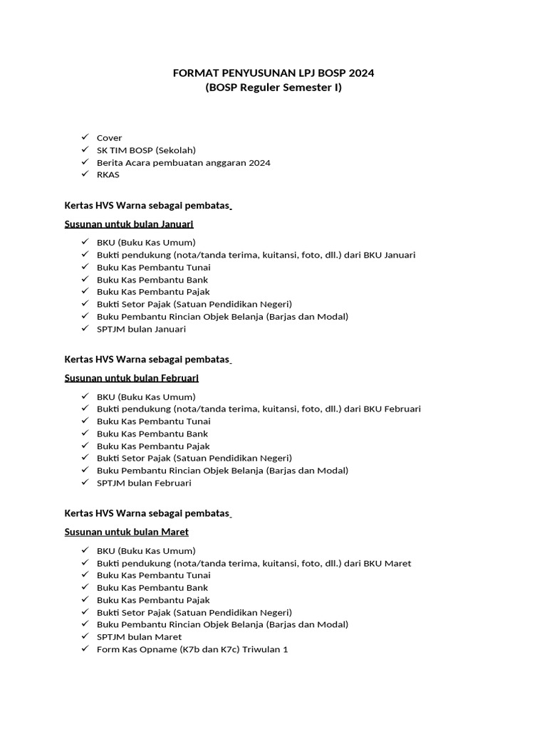 Format Penyusunan LPJ BOSP Semester 1 2024 | PDF