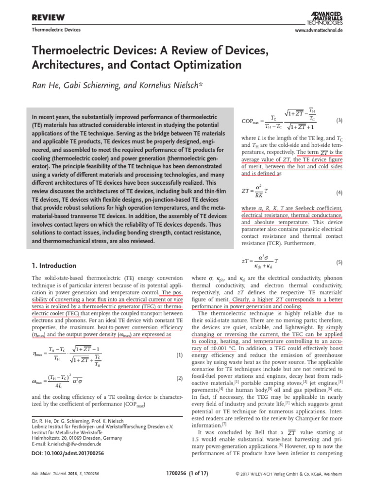 Adv Materials Technologies - 2017 - He - Thermoelectric Devices A Review of Devices ...