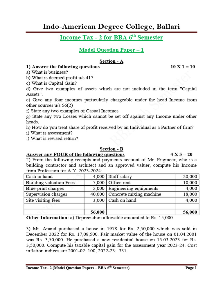 Income Tax - 2 (MQP) For BBA 6th Sem | PDF | Capital Gains Tax | Finance & Money Management