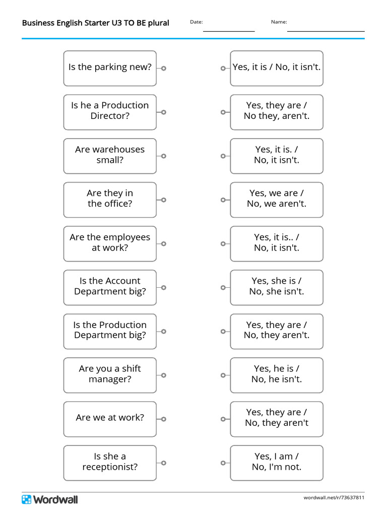 Business English Starter U3 To Be Plural Match Up | PDF