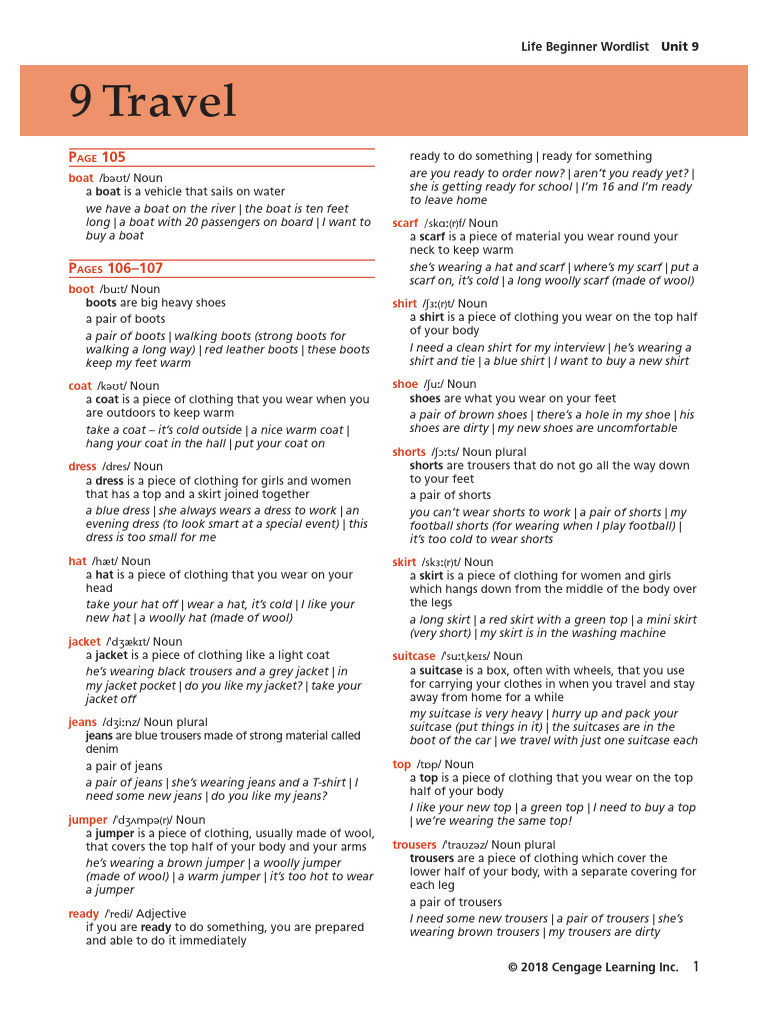 Life Beginner Wordlist Alphabetised Unit 9 | PDF | Chair | Adverb