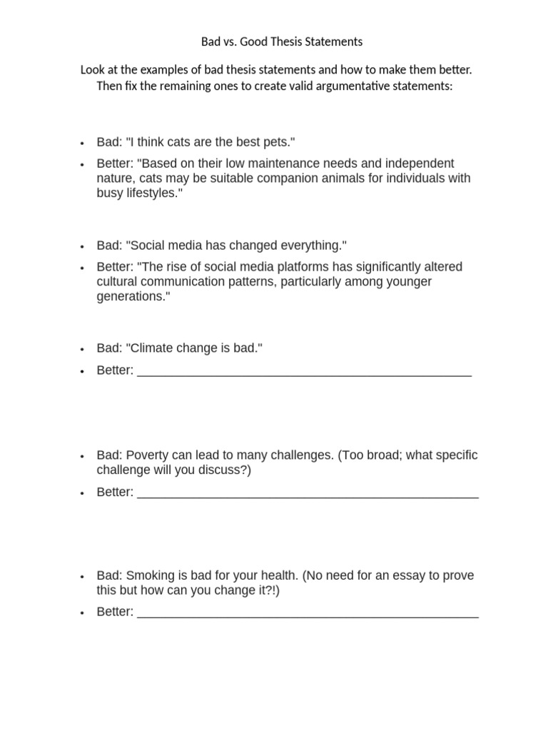 Bad Thesis Statement Worksheet | PDF