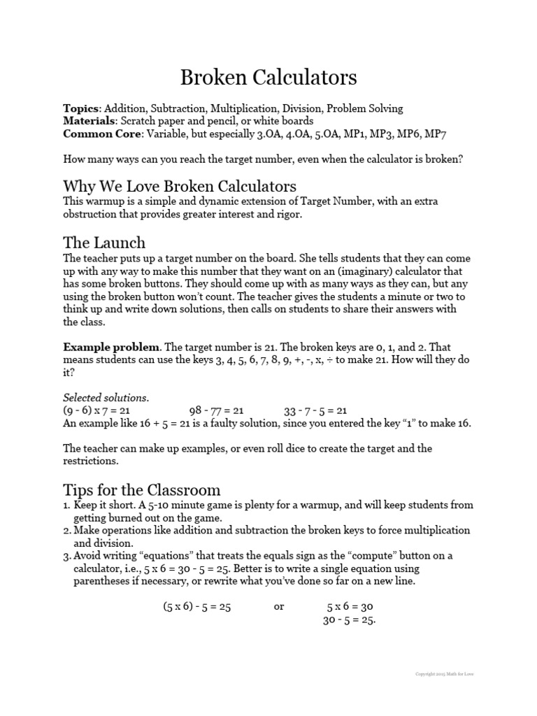 MATH LOVE Broken-Calculator-Warmup-2017 | PDF