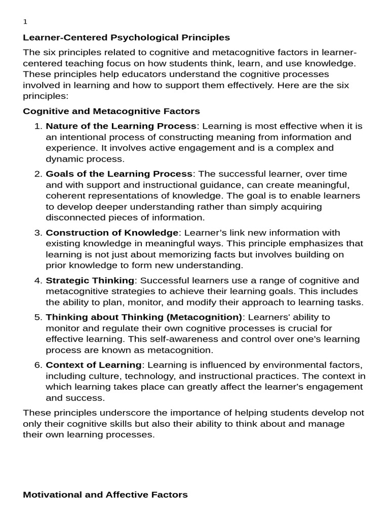 Learner Centered Psychological Principles | PDF