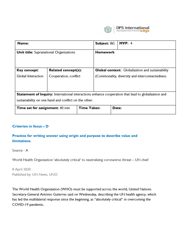 MYP 4 - Suprantational HW Criterion D New Opvl | PDF