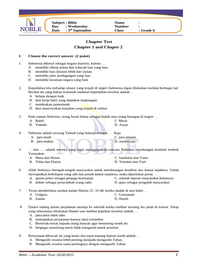 G6 BIBLE TEST Nehemia Bab1&2 | PDF