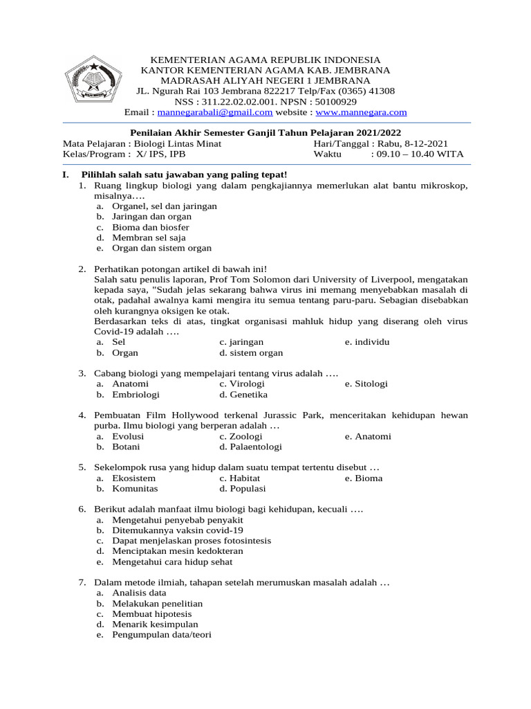 Soal Uas X1 Bio 2021 | PDF