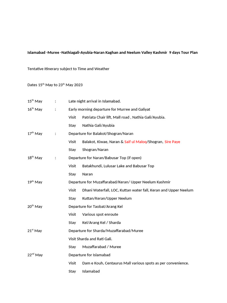 Usman Bhai Tour Plan | PDF