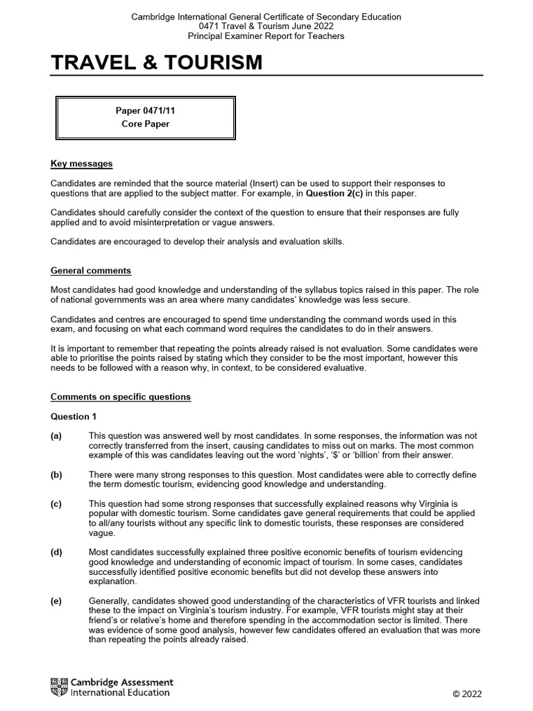 Travel & Tourism: Paper 0471/11 Core Paper | PDF