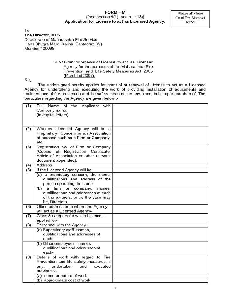 Application For Fire License Agency-Form-M & Checklist 12.01.2022 | PDF