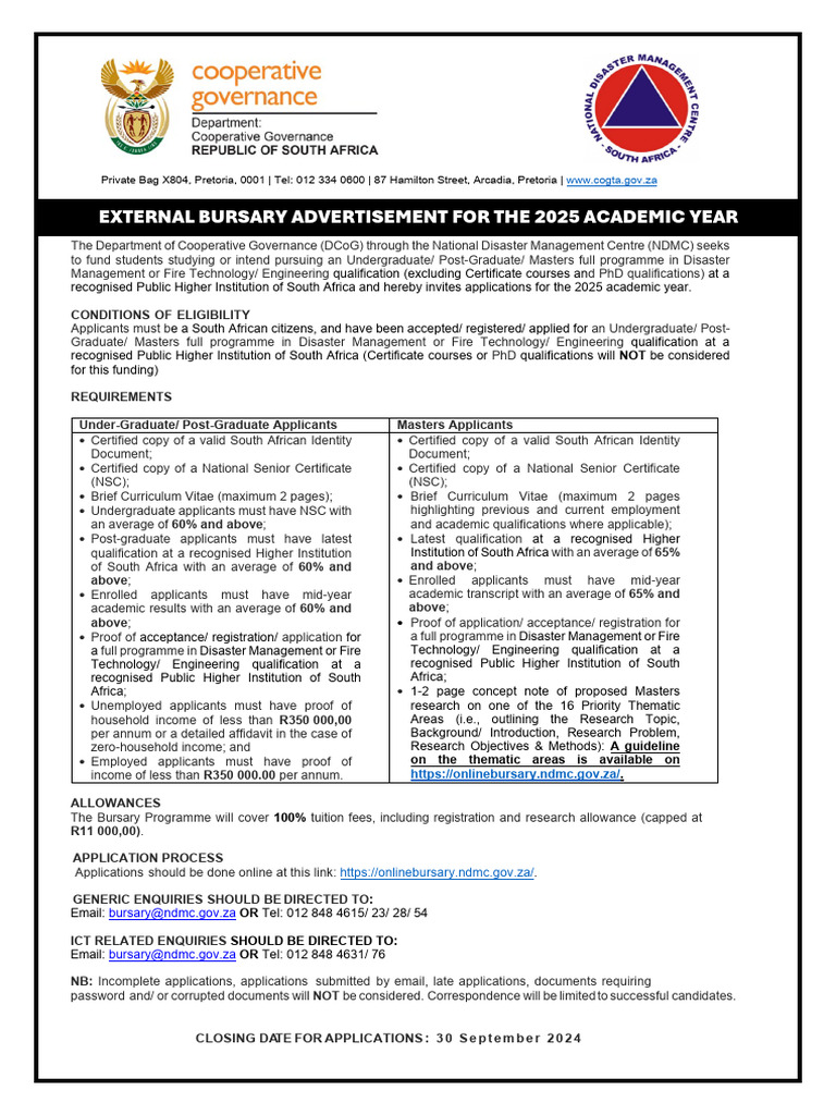 Disaster Management Bursary Advert-2025 | PDF