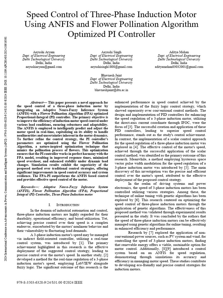 Speed Control of Three-Phase Induction Motor Using ANFIS and Flower Pollination Algorithm ...
