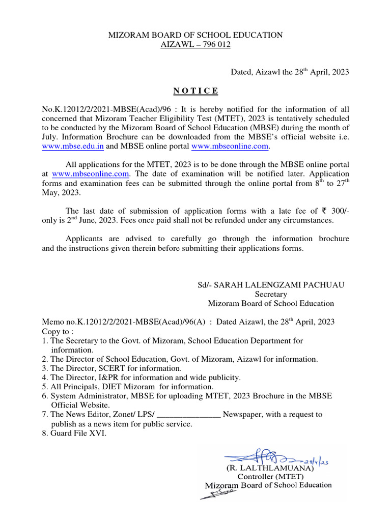 MTET 2023 Notice Brochure | PDF