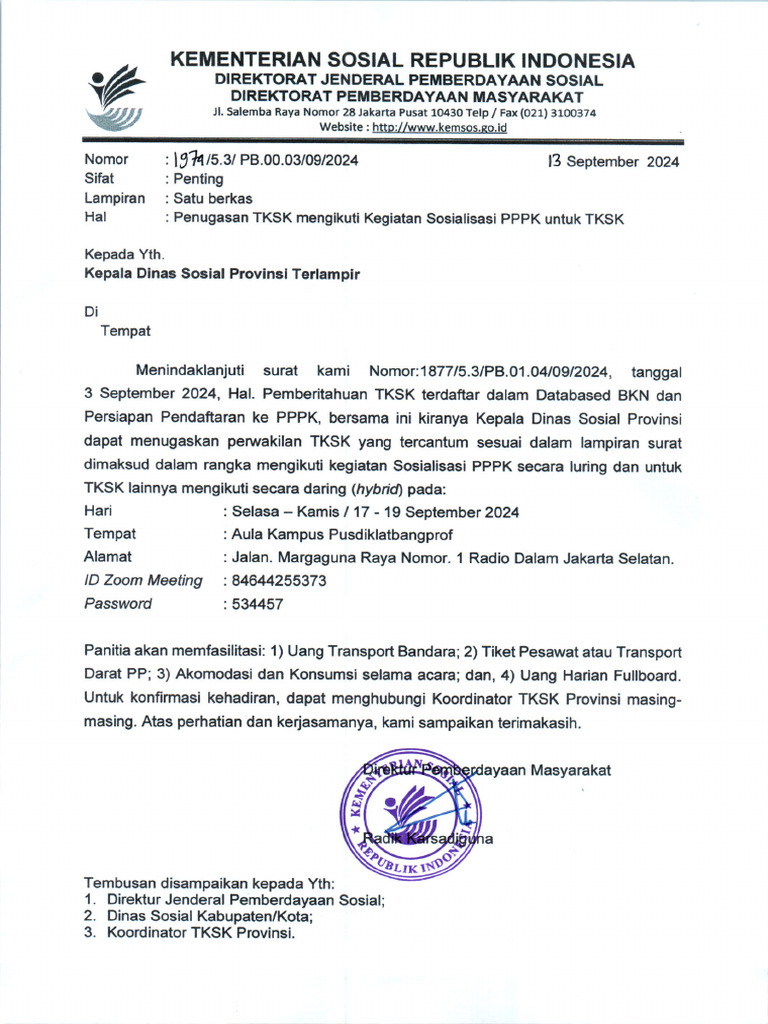 Nodin Penugasan TKSK Mengikuti Kegiatan Sosialisasi PPPK Untu TKSK Ke ...