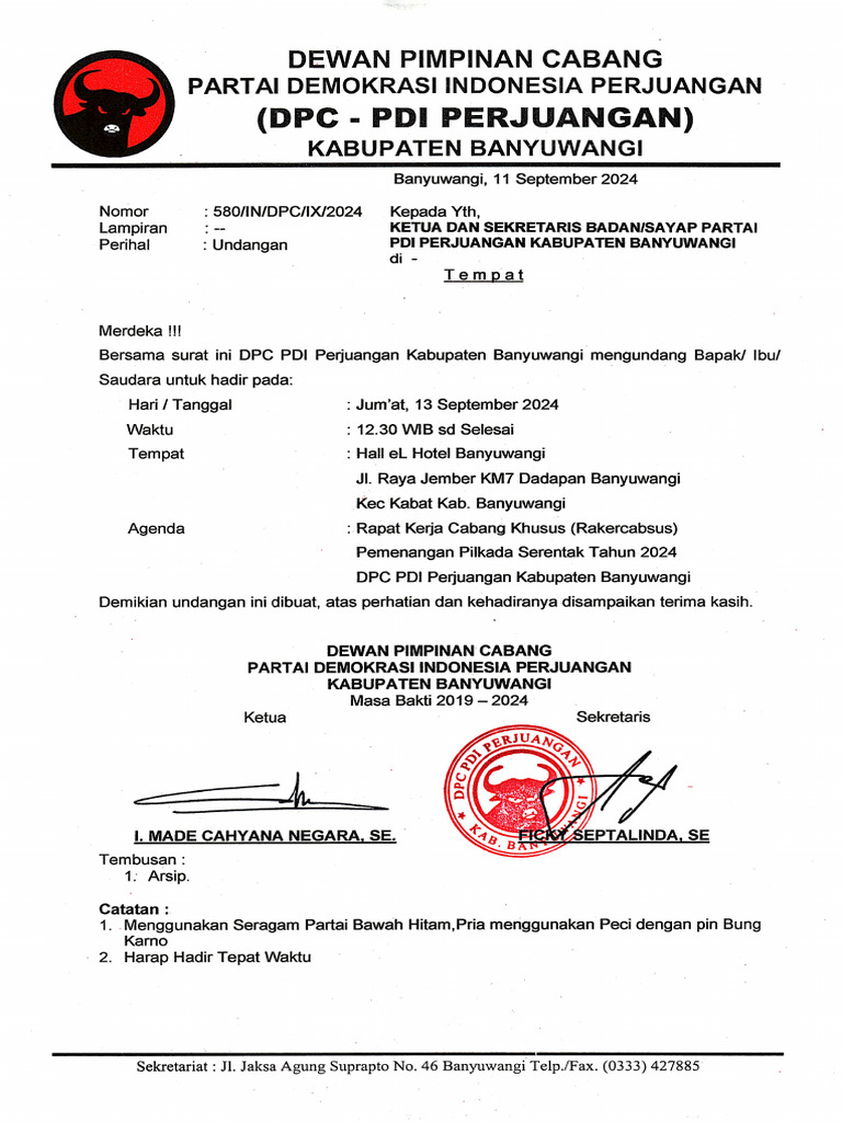 Undangan Rakercabsus 2024 Ketua Dan Sekretaris Badan Dan Sayap Partai | PDF