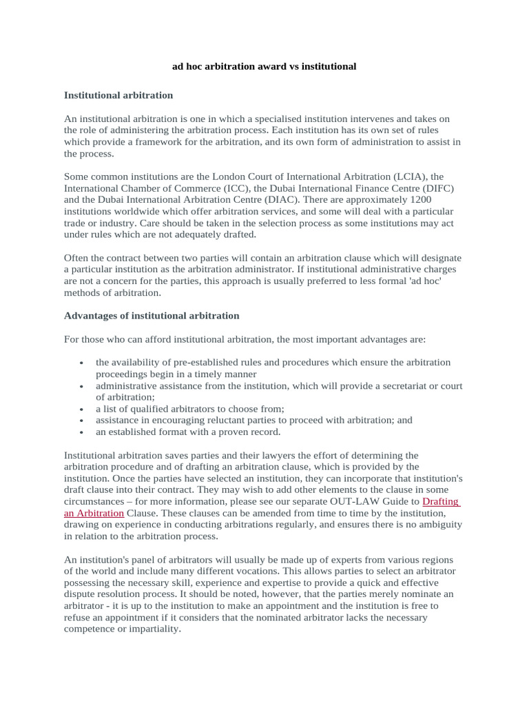 Ad Hoc Arbitration Award Vs Institutional | PDF | Arbitration | Business