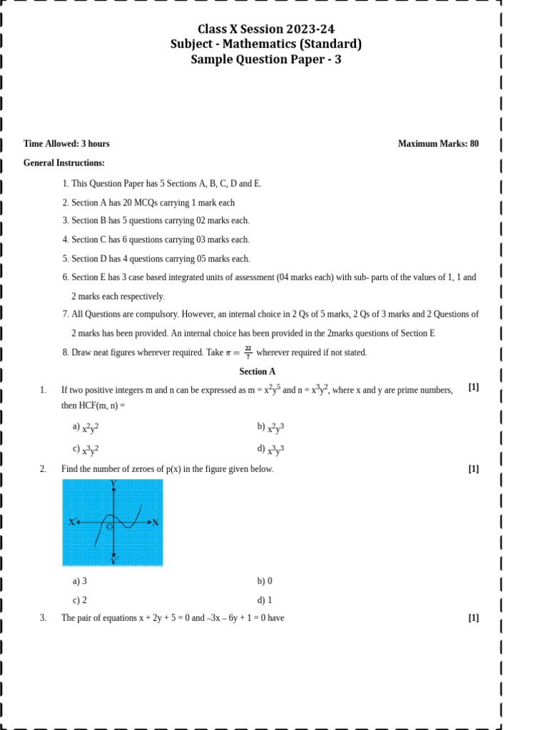 Class X Session 2023-24 Subject - Mathematics (Standard) Sample Question Paper - 3 | PDF