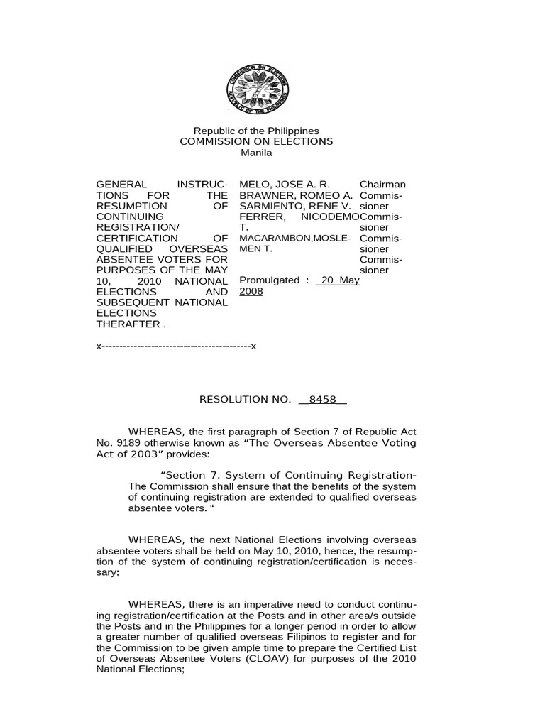 Comelec Resolution No 8458 | PDF