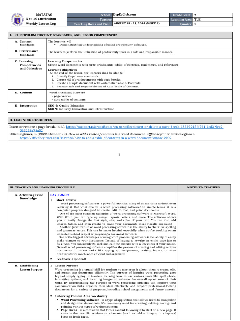 DLL Matatag - Tle 7 Q1 W4 | PDF