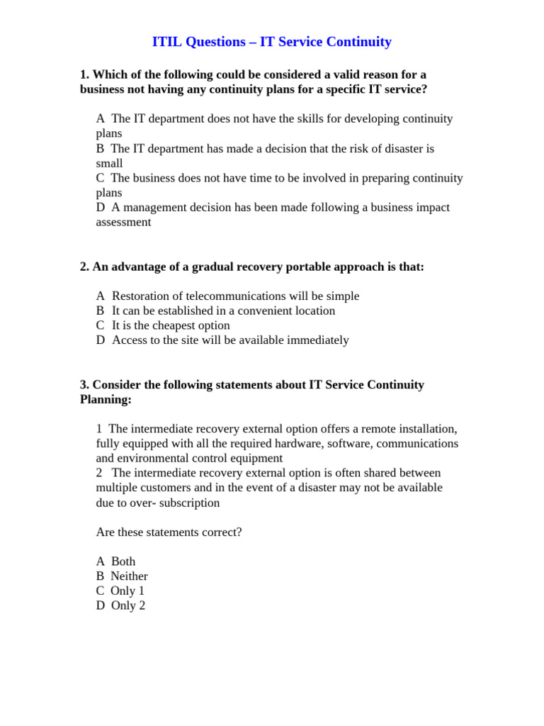 ITIL V2 Questions - IT Service Continuity | PDF