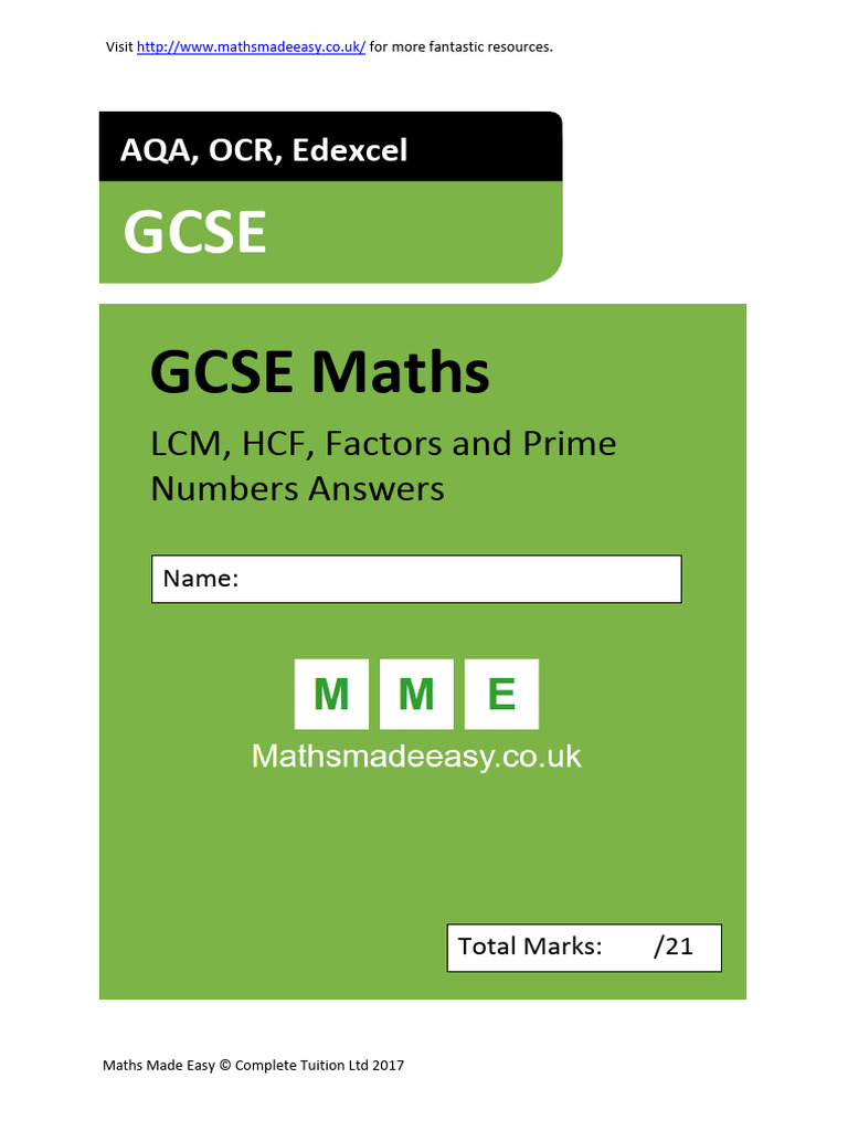 GCSE Maths LCM HCF Factors and Prime Numbers Worksheets Answers | PDF