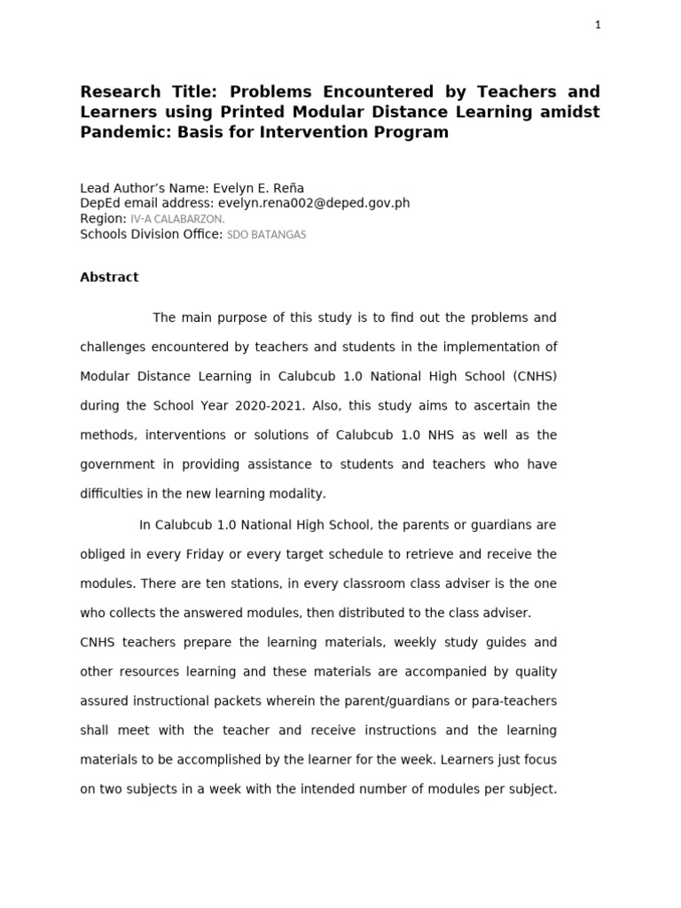 Research Title: Problems Encountered by Teachers and Learners Using ...
