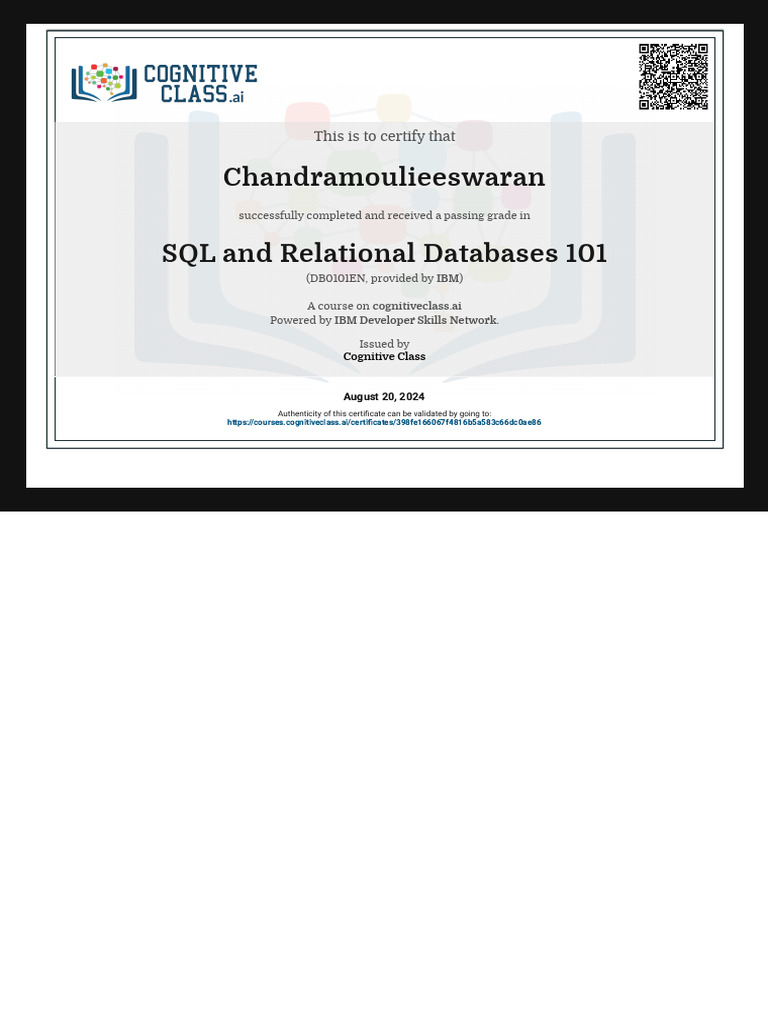 IBM DB0101EN SQL Certificate - Cognitive Class | PDF