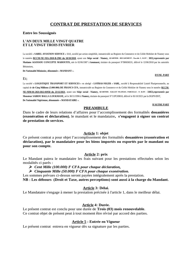 Contrat de Prestation de Services | PDF