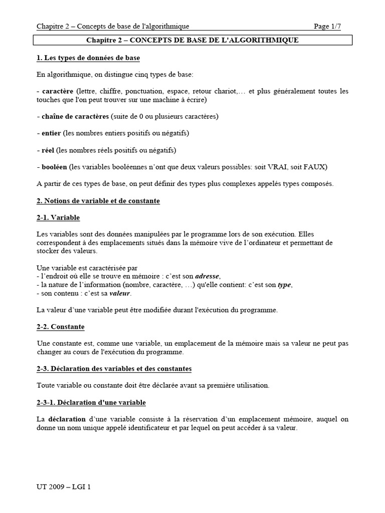Chapitre 2 - Concepts de Base de L'algorithmique-1 | PDF