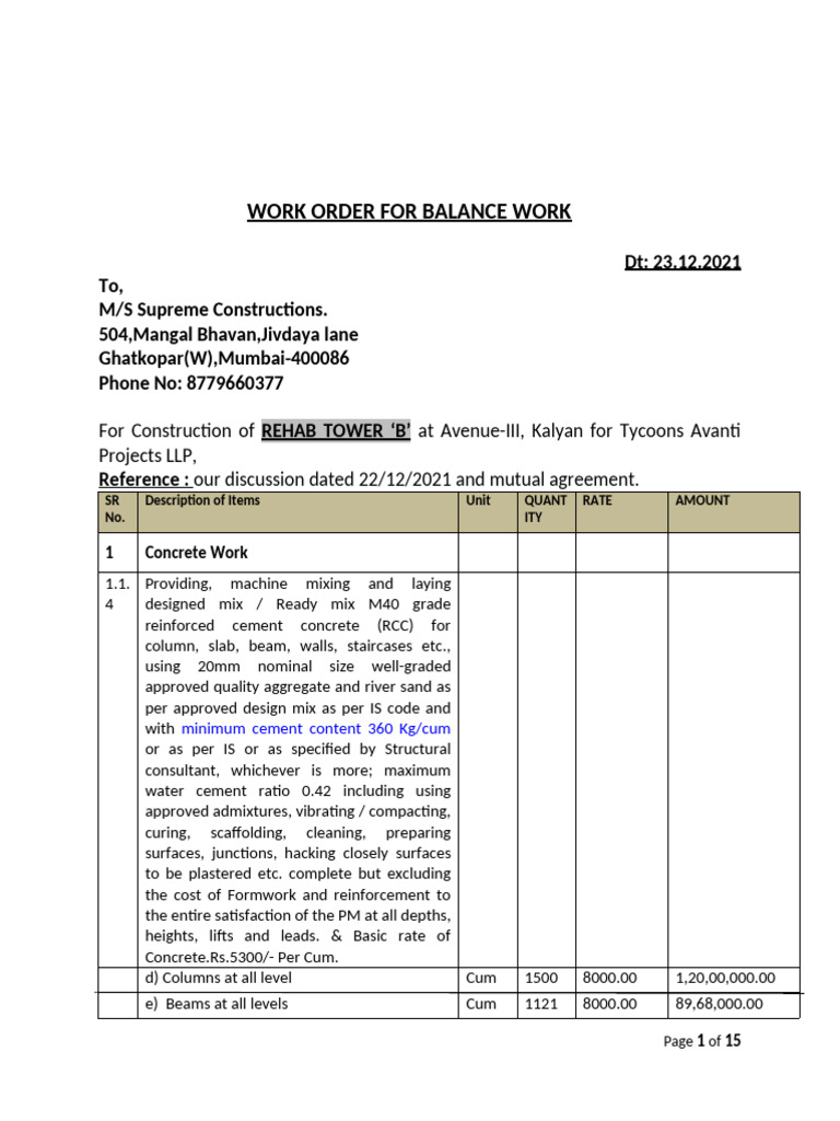 Work Order For Civil Work Item Rate Basis | PDF