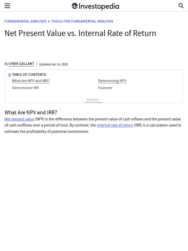 Net Present Value vs. Internal Rate of Return | PDF