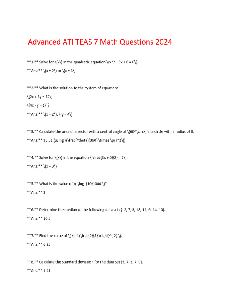 Advanced ATI TEAS 7 Math Questions 2024 | PDF | Area | Elementary Geometry