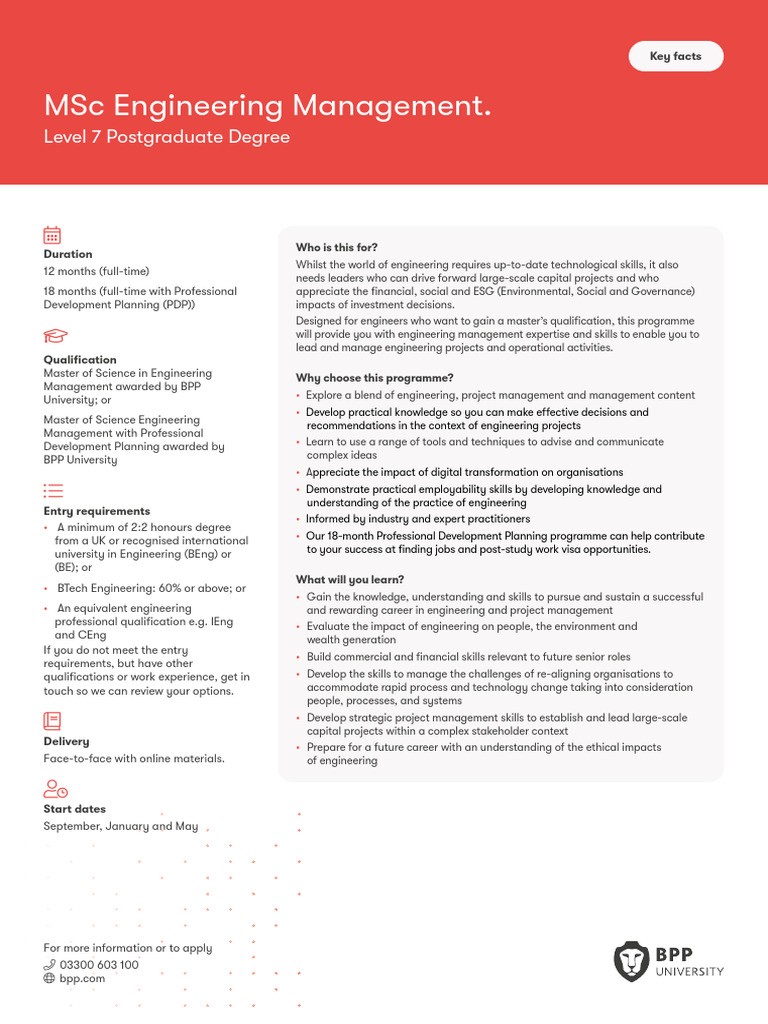 MSC Engineering Management Factsheet | PDF | Engineering | Academic Degree