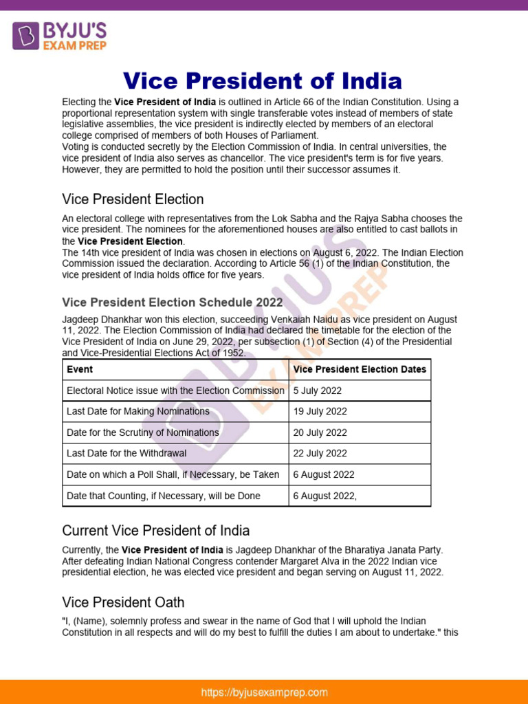 Current Vice President of India: Jagdeep Dhankhar | PDF | Oath Of ...