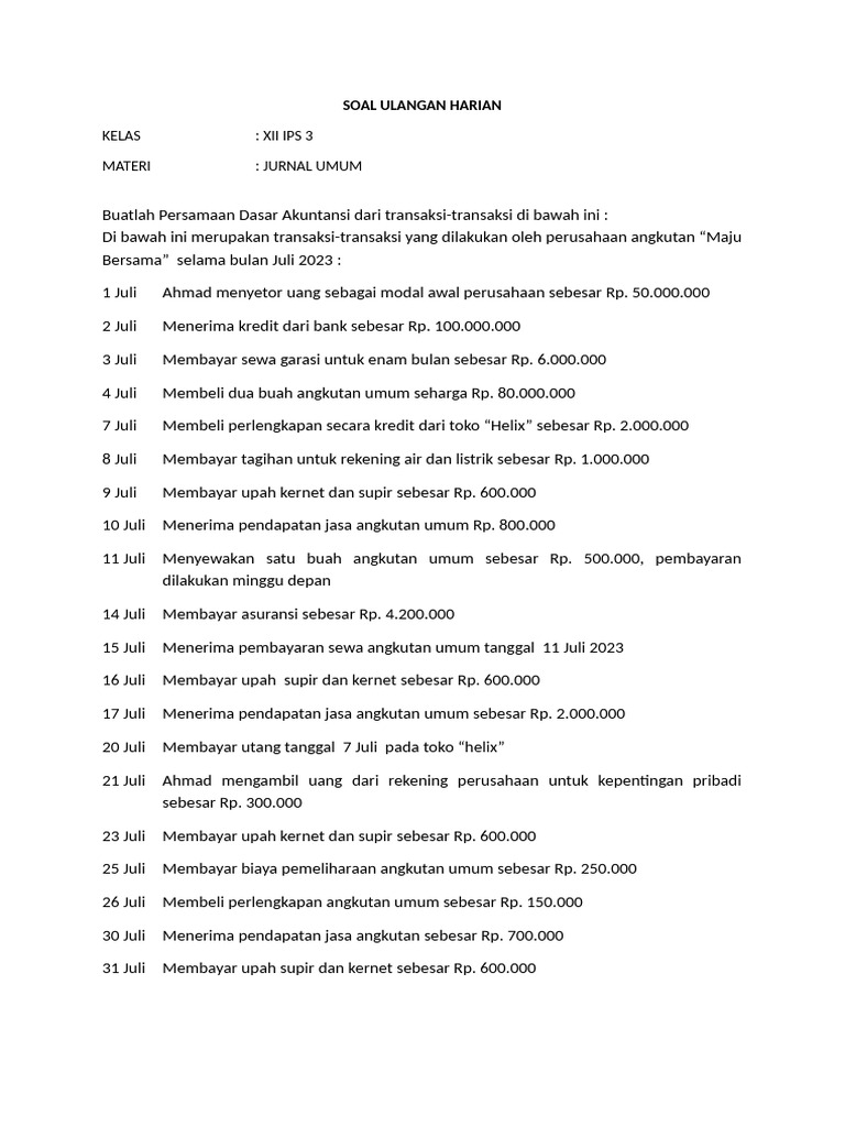 Soal Ulangan Harian Jurnal Umum Kelas Xii Ips | PDF