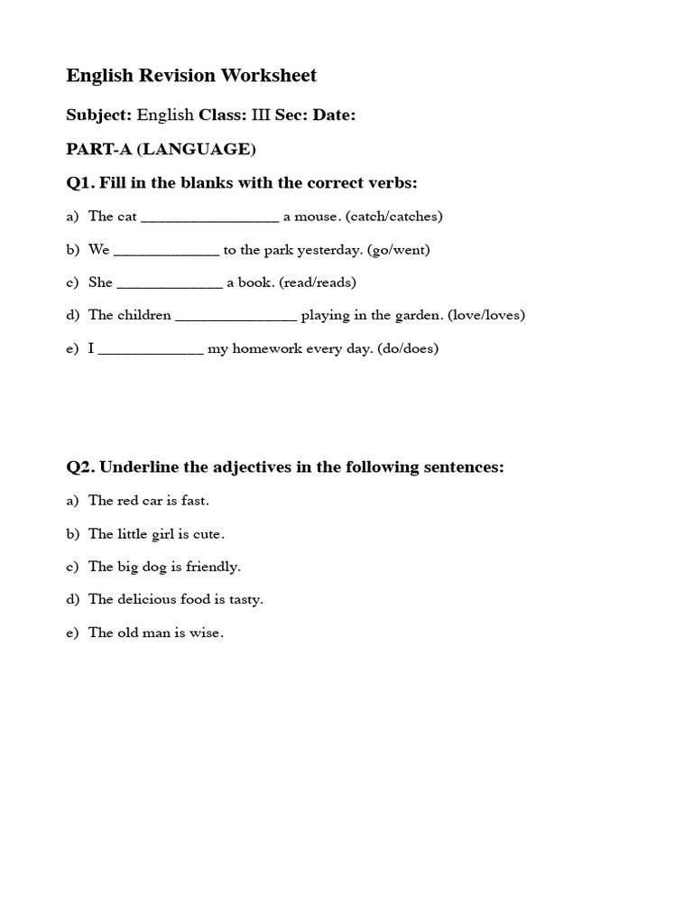 Class 3 English Revision Worksheet | PDF | Foreign Language Studies