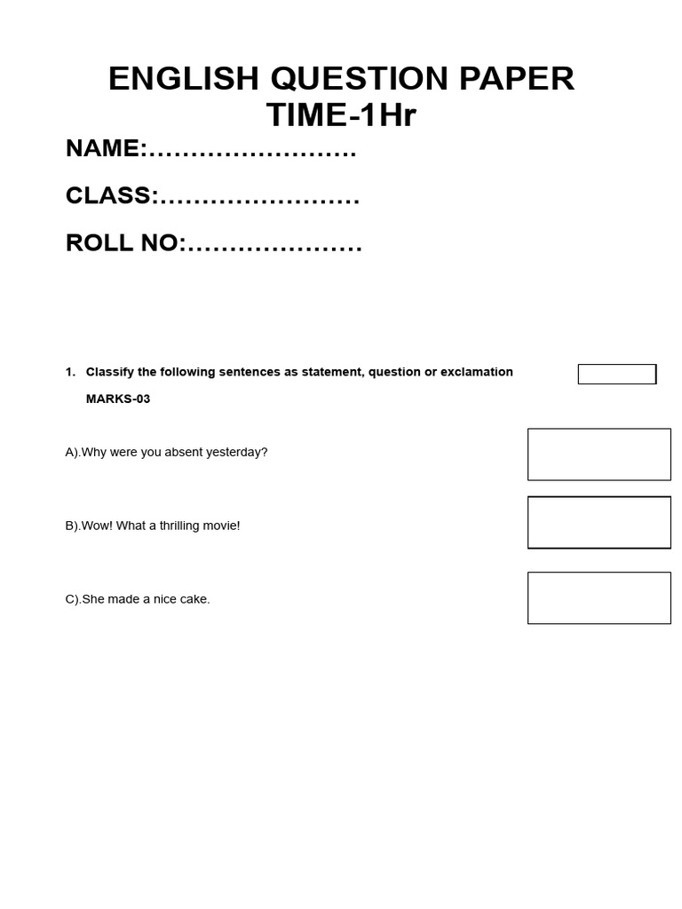 Sample Revision Paper For English Class-3 Based On Adjectives | PDF ...