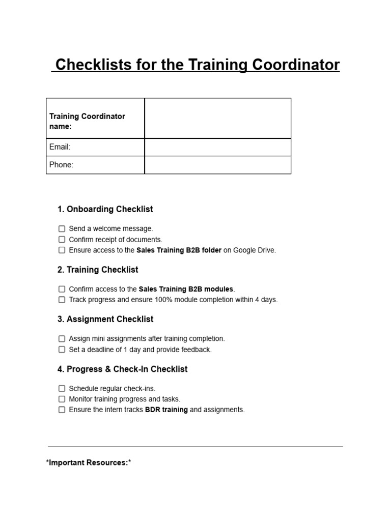 Checklists For The Training Coordinator | PDF