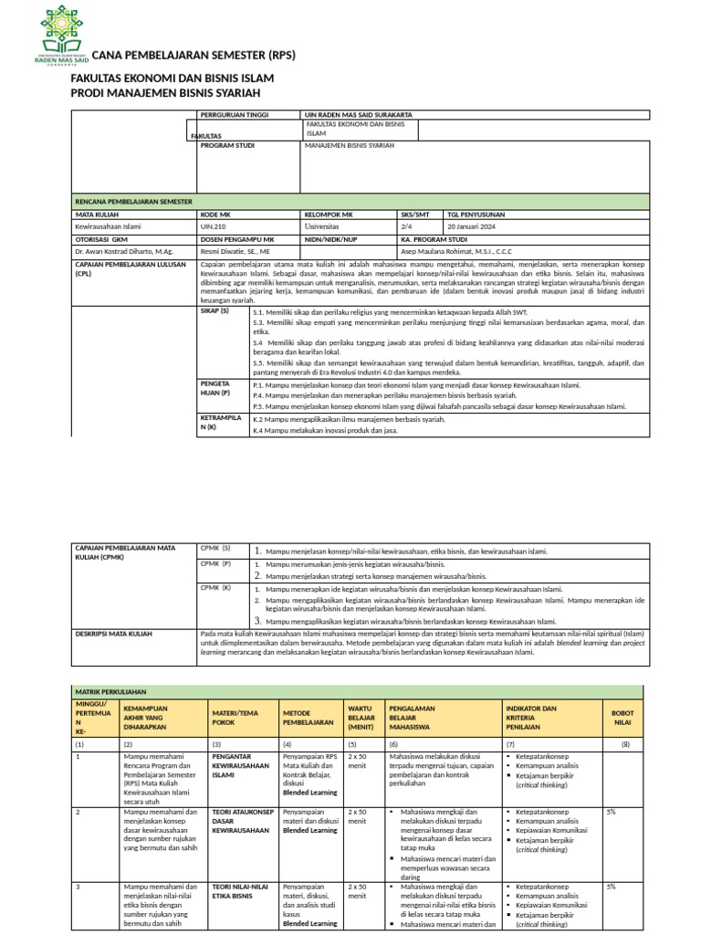 RPS Kewirausahaan Islami MBS 2024 | PDF