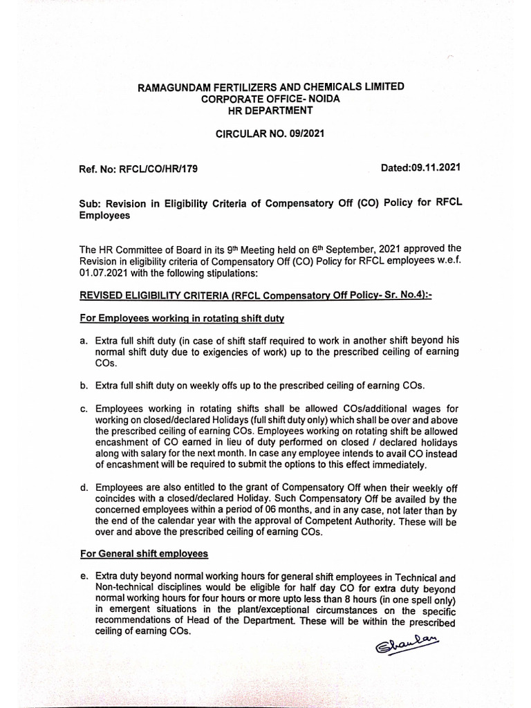 Circular - Revised Compensatory Off (CO) | PDF