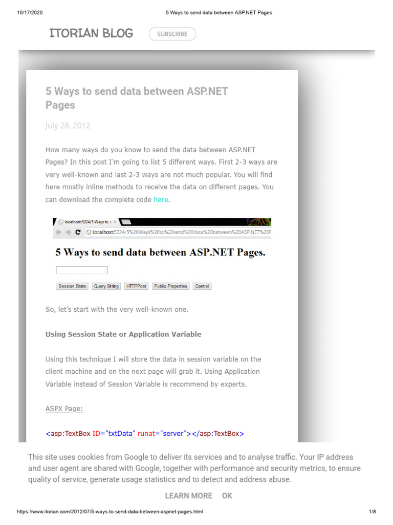 5 Ways To Send Data Between ASP - Net Pages | PDF
