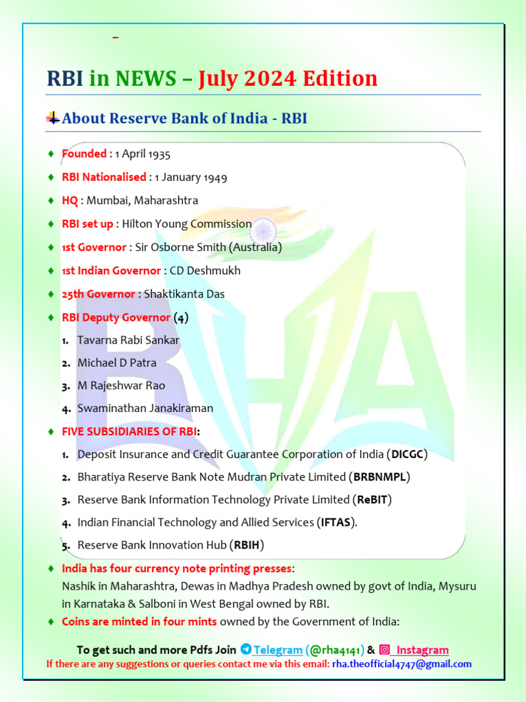 RBI in NEWS - July 2024 Edition (Compiled by THE R.H.A) | PDF
