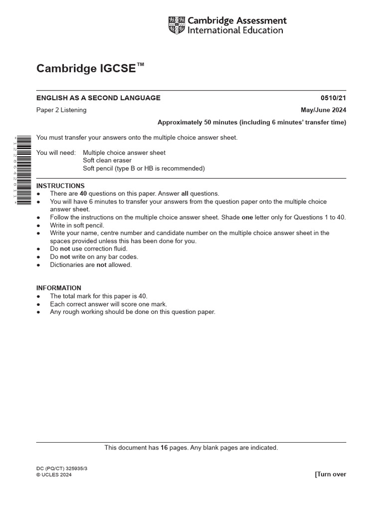 Cambridge IGCSE: English As A Second Language 0510/21 | PDF