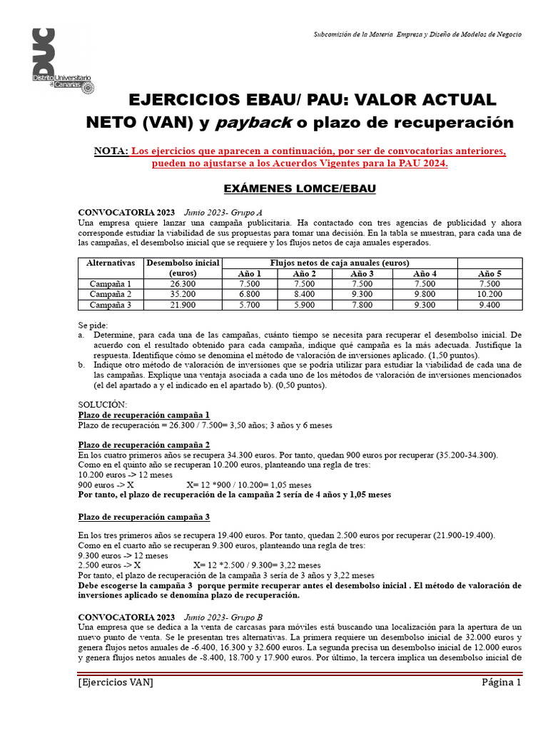 Ejercicios de Van Payback 2024 | PDF